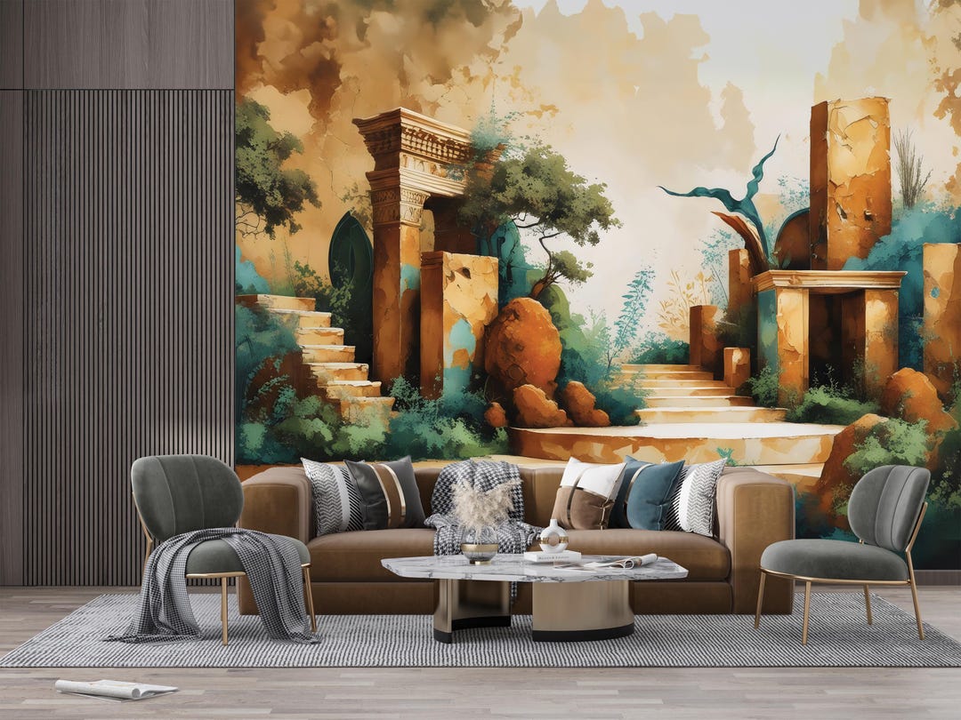 Mystical Ancient Ruins Mural | Lush Overgrown Temple Wall Art ...