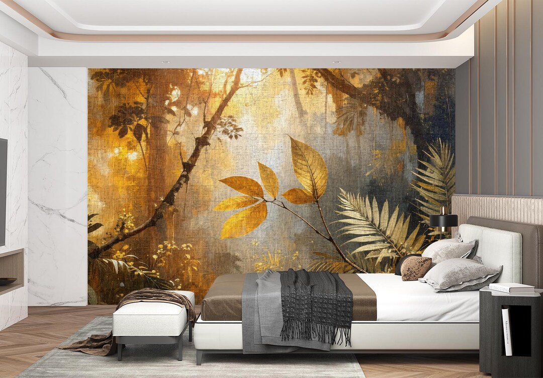 Magic Forest Mural Golden Forest Mural Wallpaper - Enchanting Botanical ...