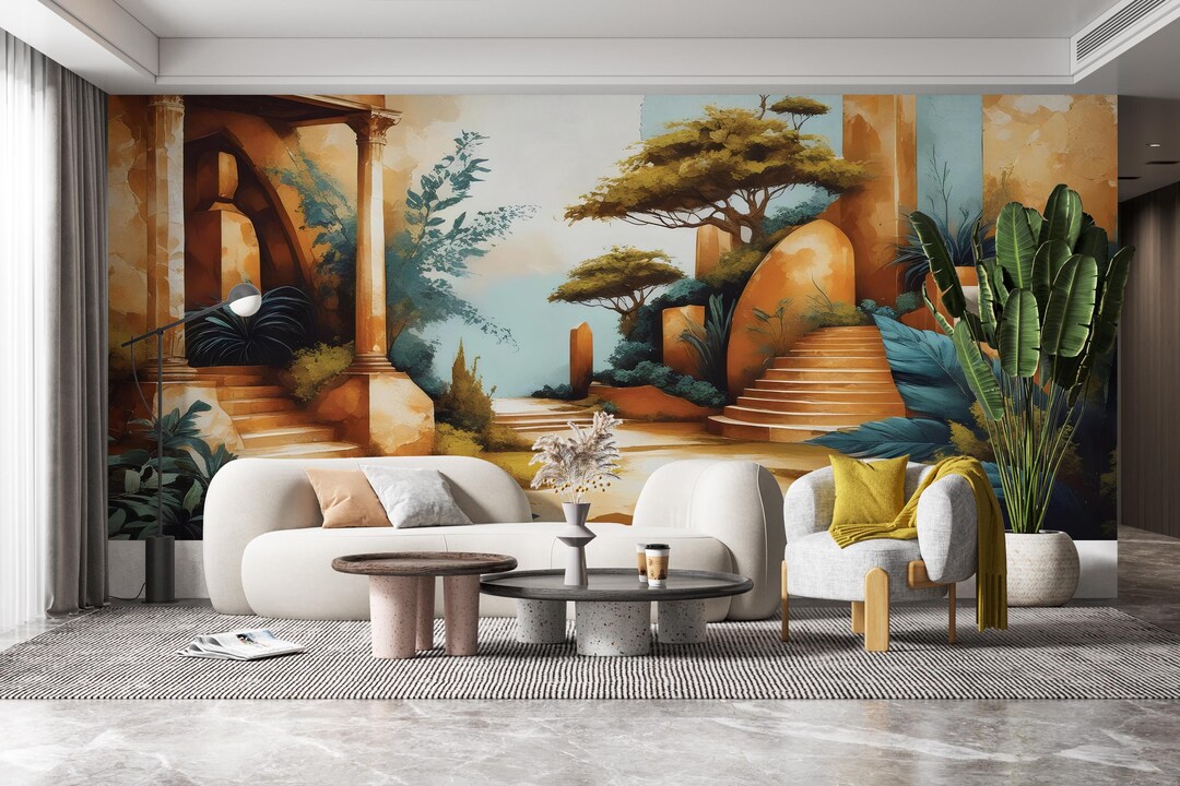 Serene Temple Mural | Ancient Architecture Wallpaper | Tranquil ...