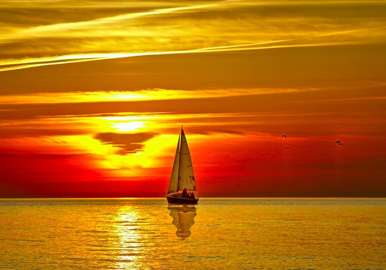 Sail Boat at Ocean Sunset Photo Wallpaper - Etsy