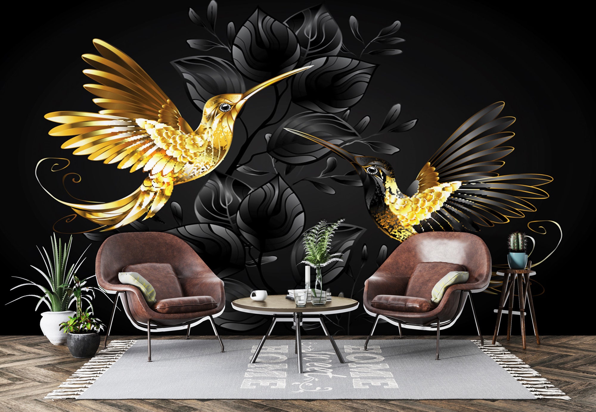 Black and Gold Hummingbirds Mural Wallpaper - Etsy
