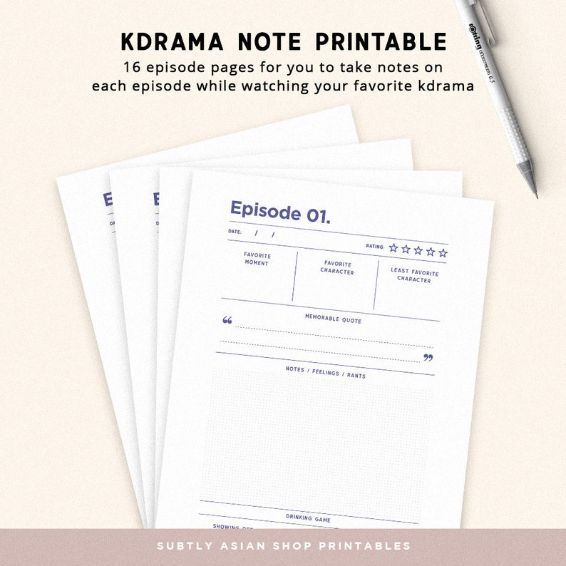 Kdrama Journal Printable Episode Note / Planner / TV Show Planner / TV ...