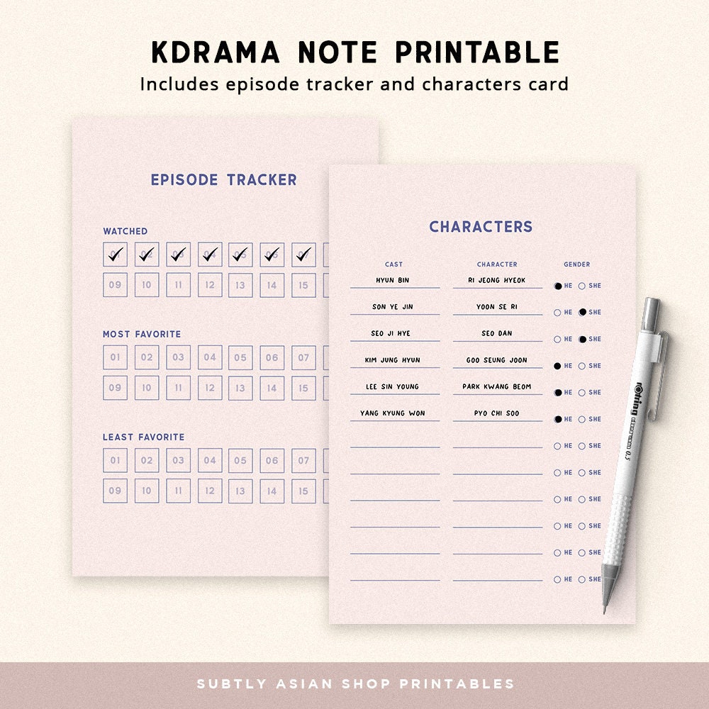 Kdrama Journal Printable Episode Note / Planner / TV Show - Etsy