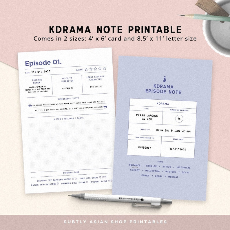 Kdrama Journal Printable Episode Note / Planner / TV Show Planner / TV ...