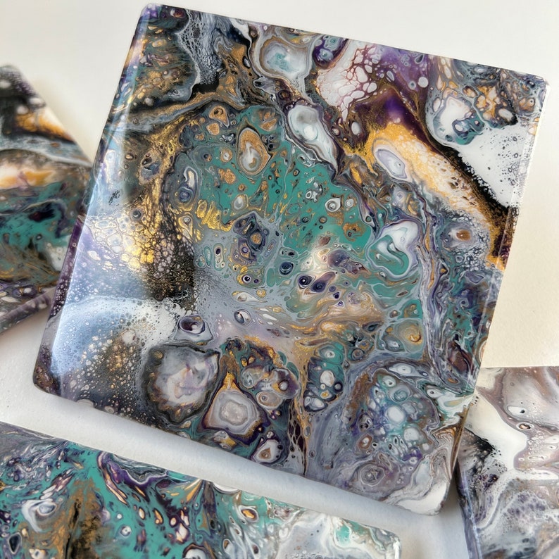 Fluid Art Coasters: Handmade Acrylic Pour Ceramic Coaster Set - Etsy