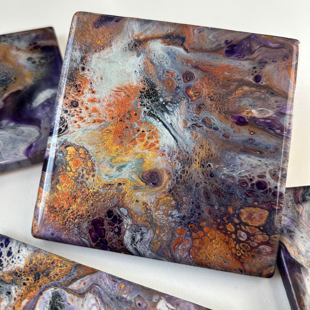 Fluid Art Coasters. Acrylic Pour Coasters. Ceramic. Resin Sealed. Set ...
