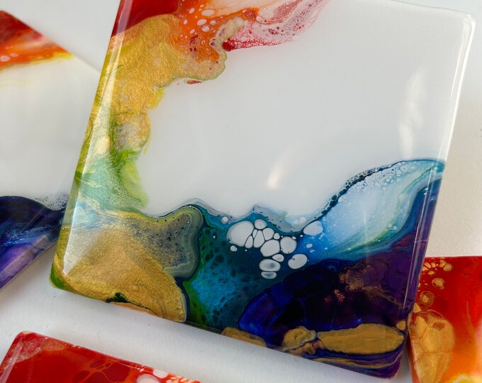 Fluid Art Coasters. Acrylic Pour Coasters. Ceramic. Resin Sealed. Set ...