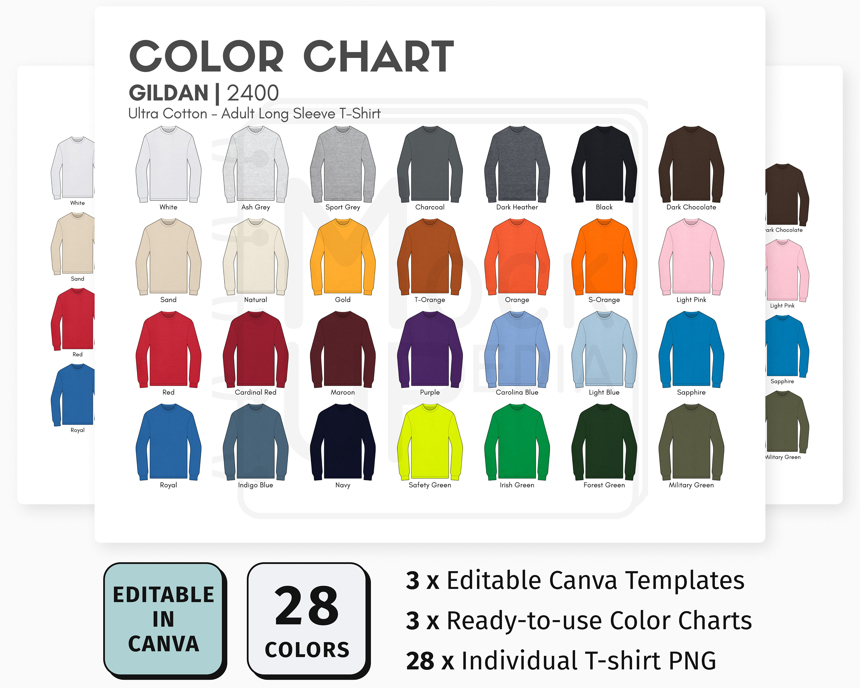 Gildan 2400 EDITABLE Canva Color Chart | Gildan 2400 Ultra Cotton Long ...