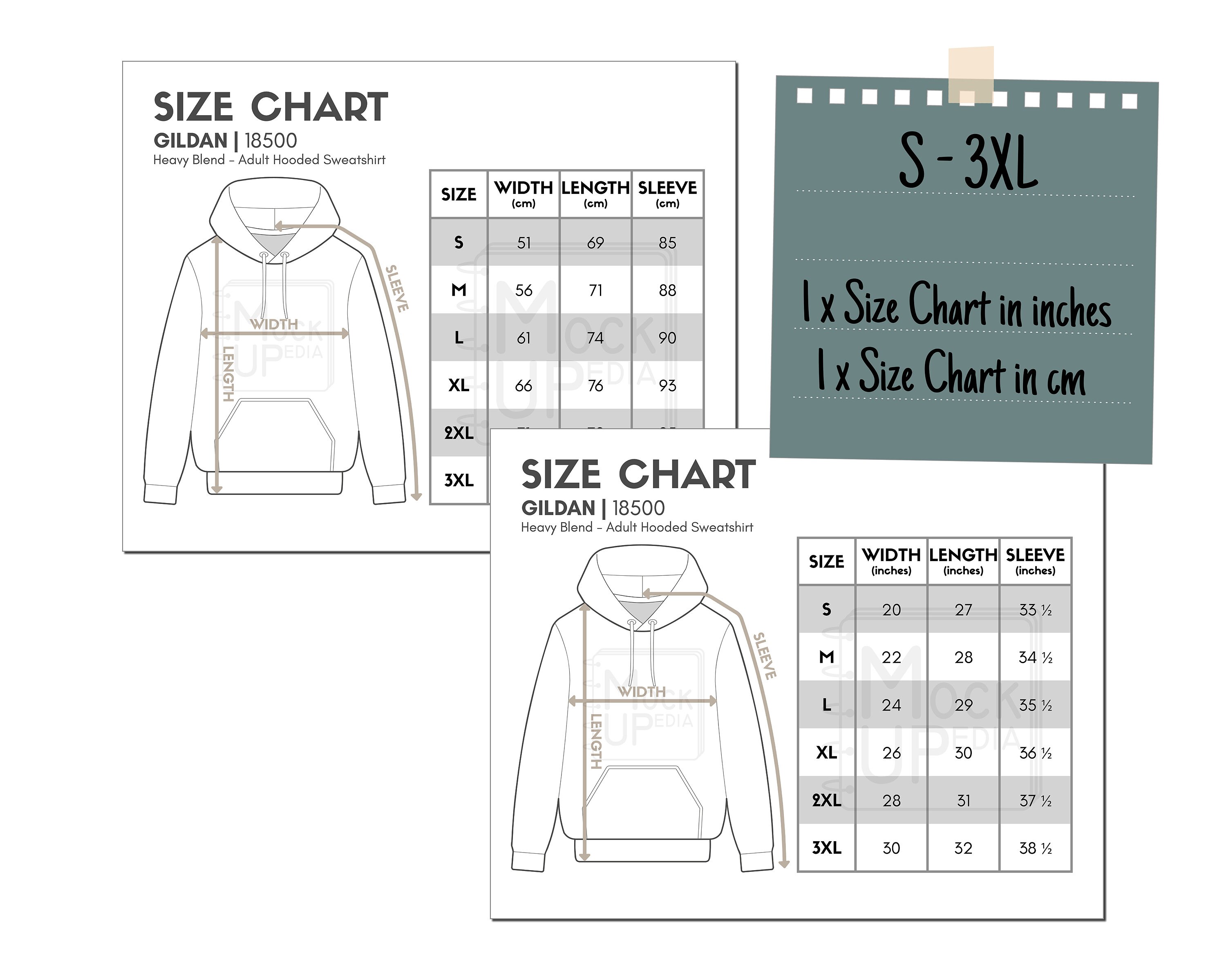 Gildan 18500 Adult Hooded Sweatshirt Size Chart (inches/cm) | Digital ...