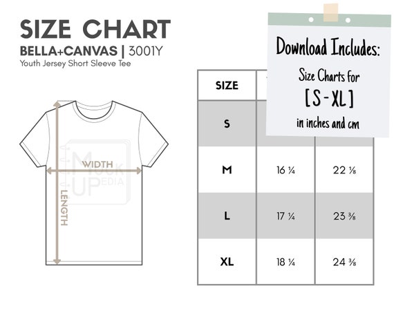 Bella Canvas 3001Y Youth Jersey Short Sleeve Tee Size Chart | Etsy