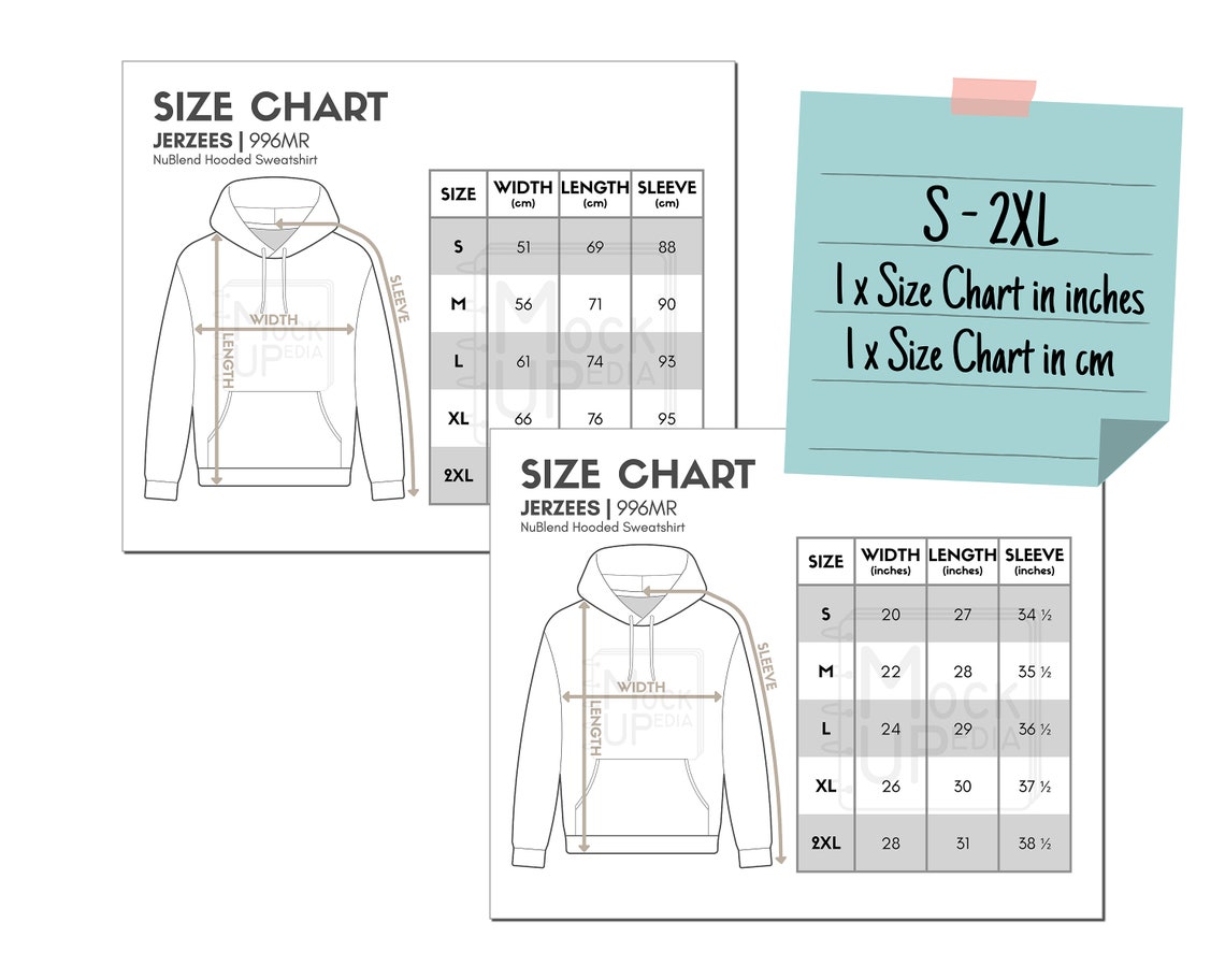 Jerzees 996MR Adult Hooded Sweatshirt Size Chart (inches/cm) | Digital ...