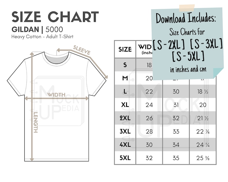 Gildan 5000 Adult T-shirt Size Chart (inches/cm) | Digital Size Chart ...