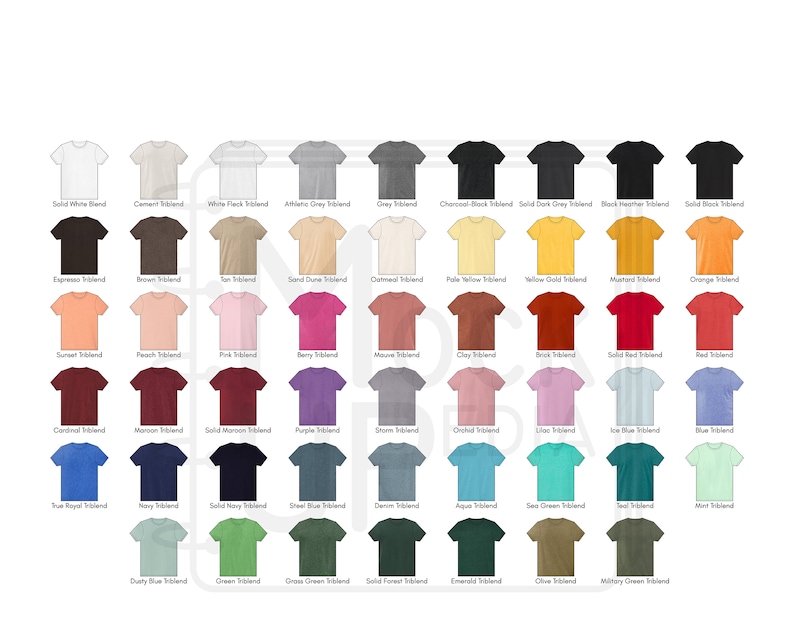 Bella Canvas 3413 Adult T-shirt Color Chart | Bella+canvas 3413 Unisex ...