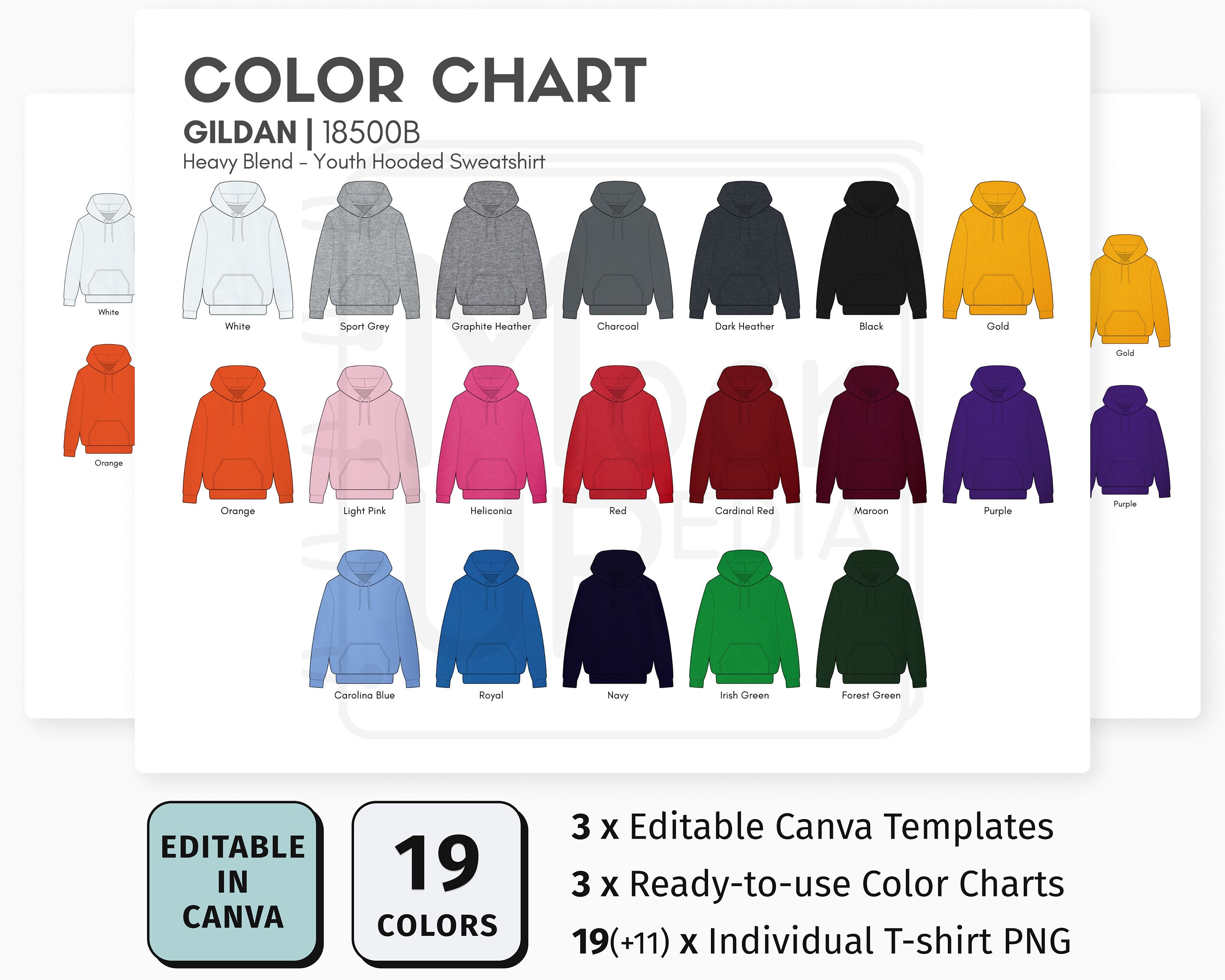 Gildan 18500B EDITABLE Canva Color Chart | Gildan 18500B Youth Hooded ...