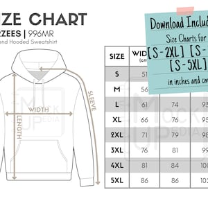 Jerzees 996MR Adult Hooded Sweatshirt Size Chart (inches/cm) | Digital ...
