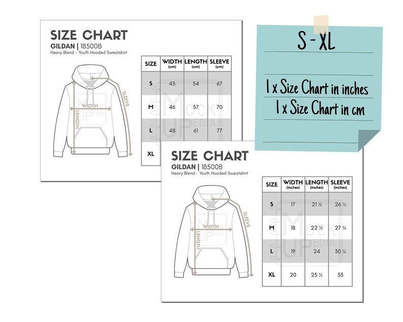 Gildan 18500B Youth Hooded Sweatshirt Size Chart (inches/cm) | Digital ...