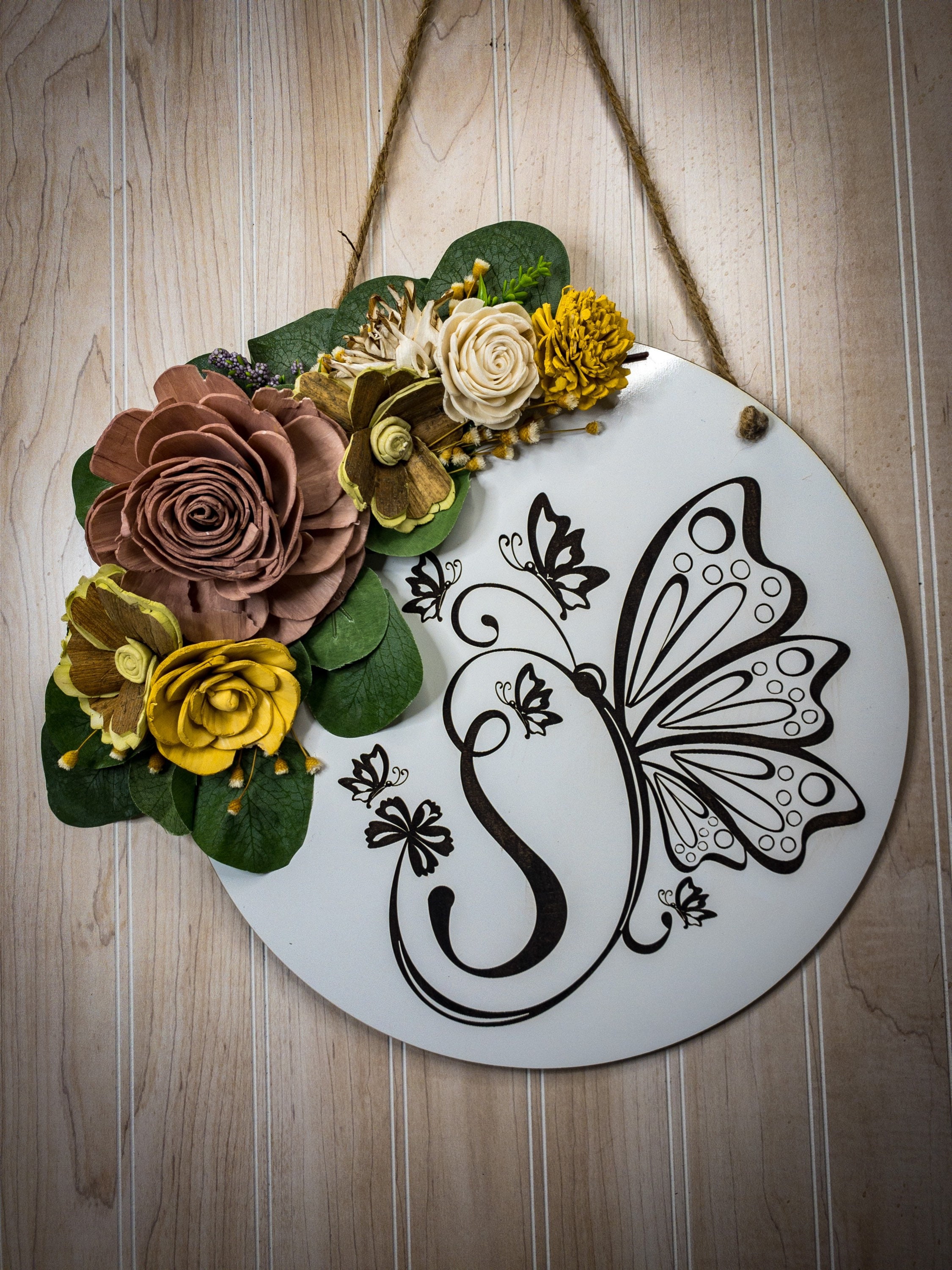 Engraved Sign With Wood Floral Accent, Custom Sign With Initial or ...
