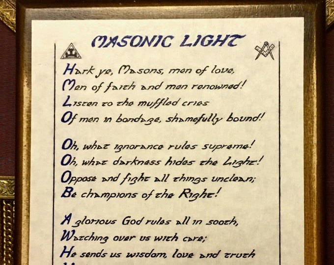 HANDWRITTEN MASONIC PLAQUE With Poem Masonic Light 10 by 7 1/2 Inches ...