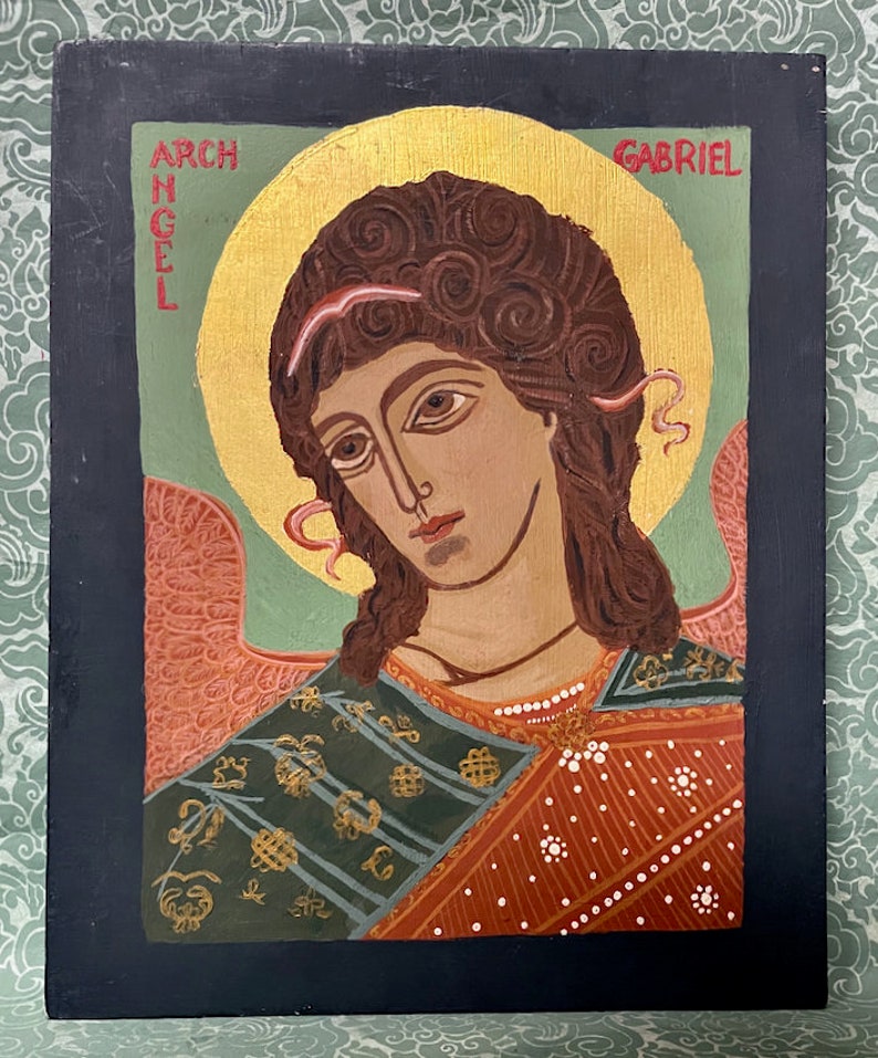 ICON of ARCHANGEL GABRIEL Folk Art Hand-painted on Wood 2002 New ...