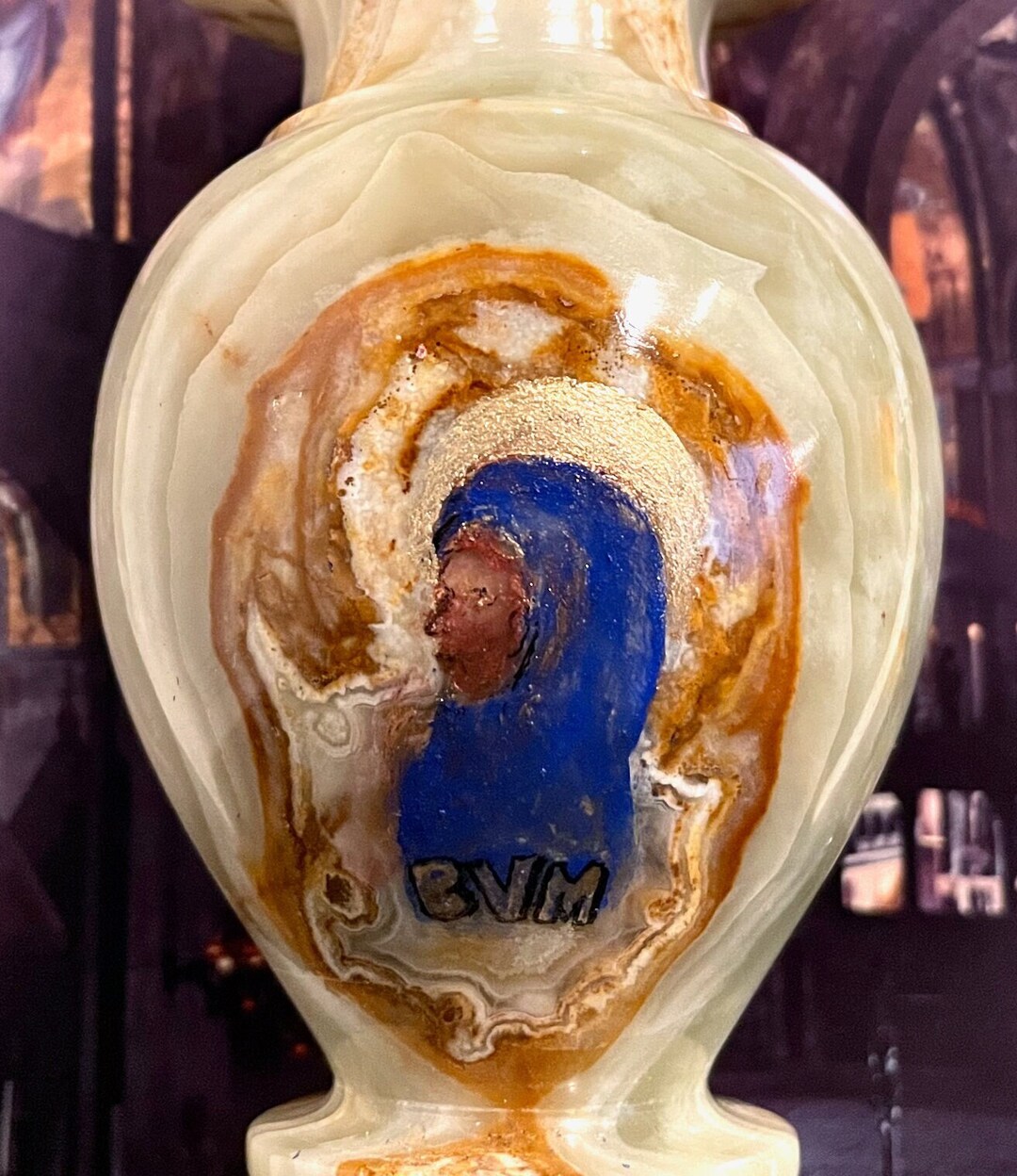 B.V.M. BLESSED VIRGIN MARY Hand-painted Image on Polished Stone Geode ...