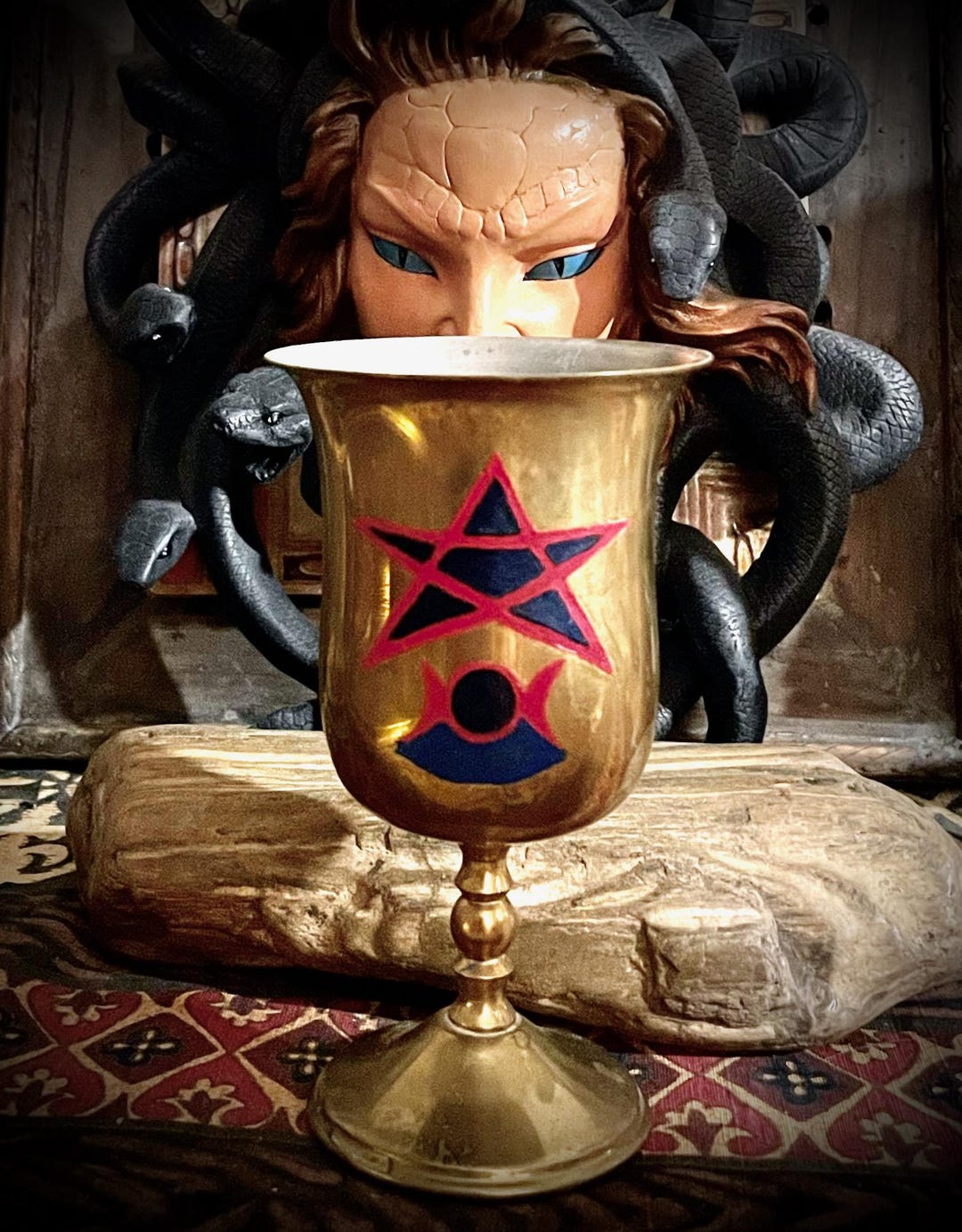 BRASS WICCAN ALTAR Chalice With Hand-applied Pentagram & Goddess ...