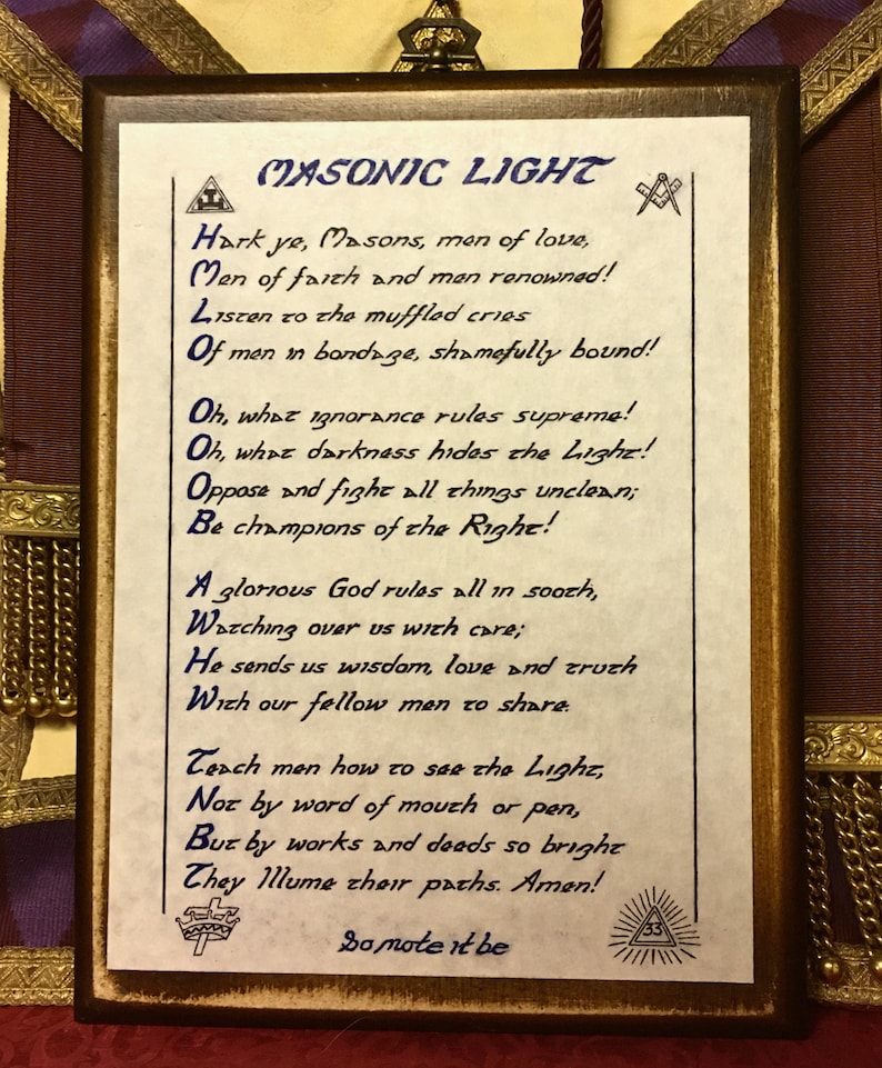 HANDWRITTEN MASONIC PLAQUE With Poem Masonic Light 10 by 7 1/2 Inches ...