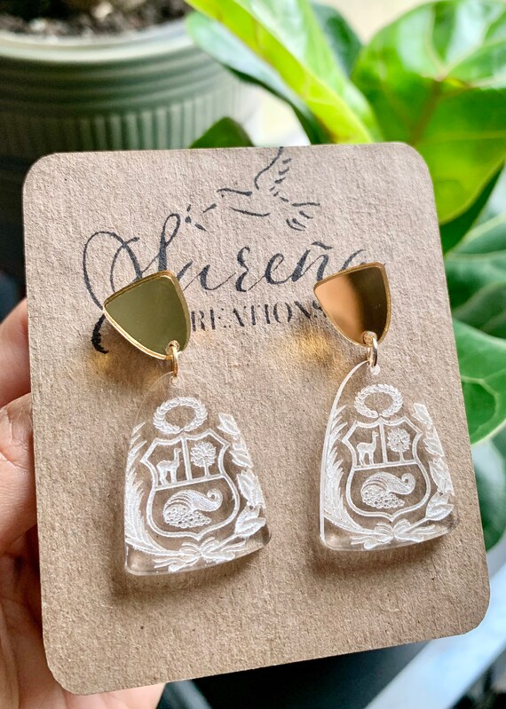 Escudo Del Peru Earrings Peru Earrings Acrylic Gold Engraved - Etsy