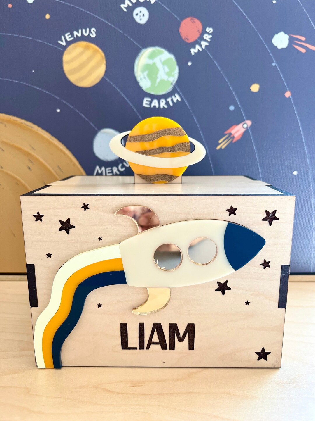 Personalized Space Piggy Bank: Wooden Coin Bank, Kids Gift - Etsy
