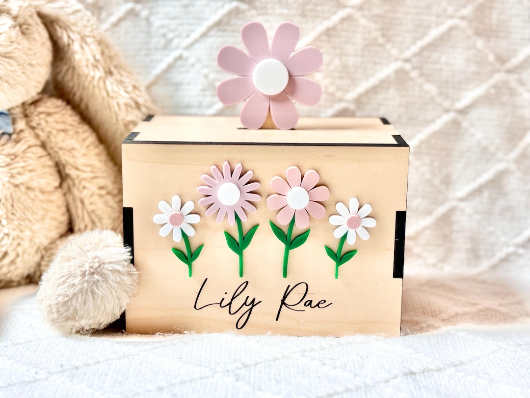 Personalized Flower Piggy Bank: Maple Wood Coin Bank, Kids Room Decor ...