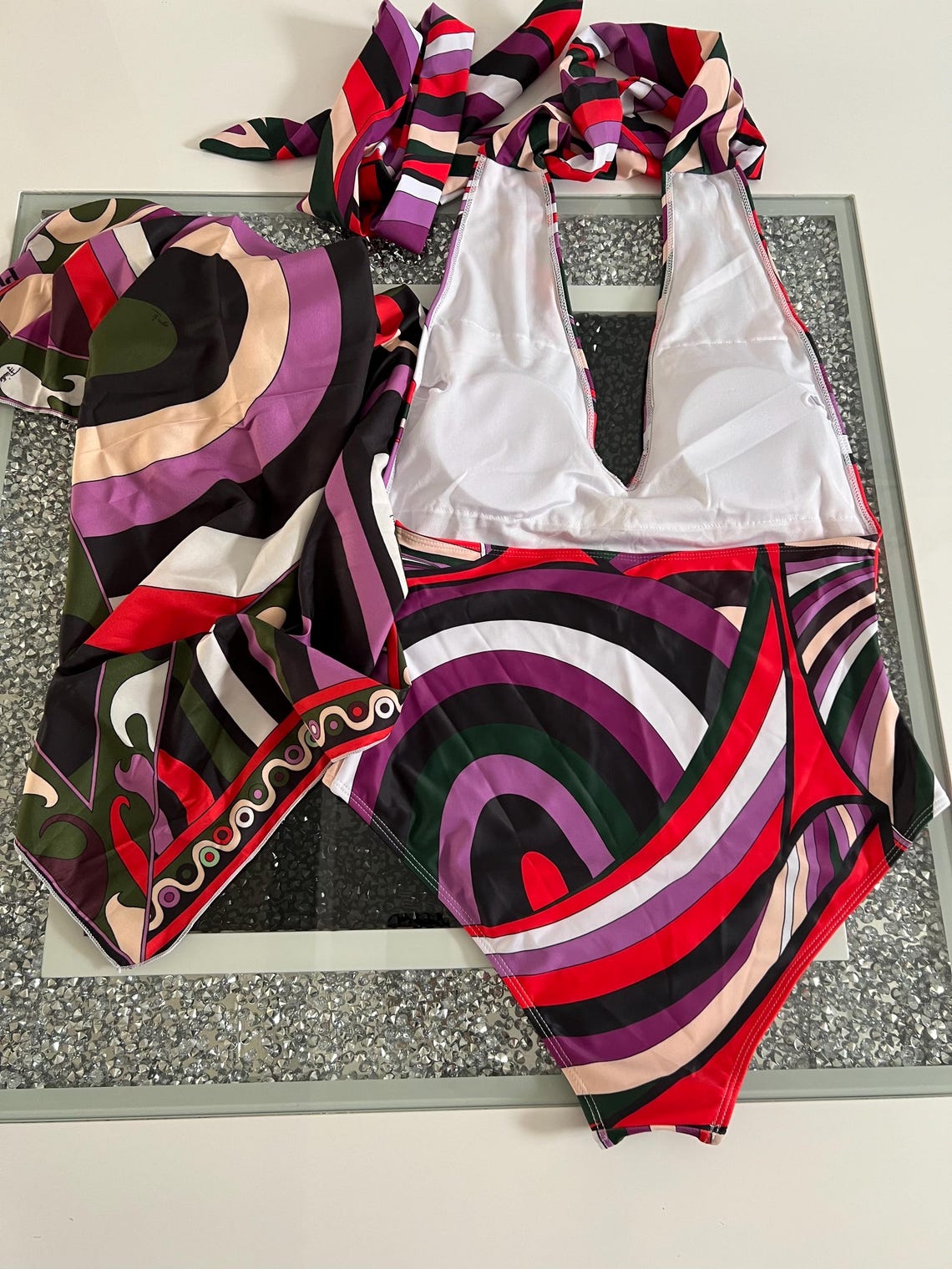 Vintage Abstract Print One Piece Swimwear With Scarf/ Head Scarf ...