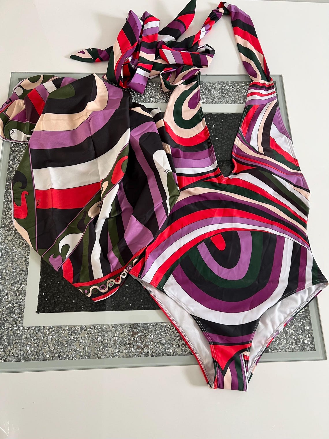 Vintage Abstract Print One Piece Swimwear With Scarf/ Head Scarf ...