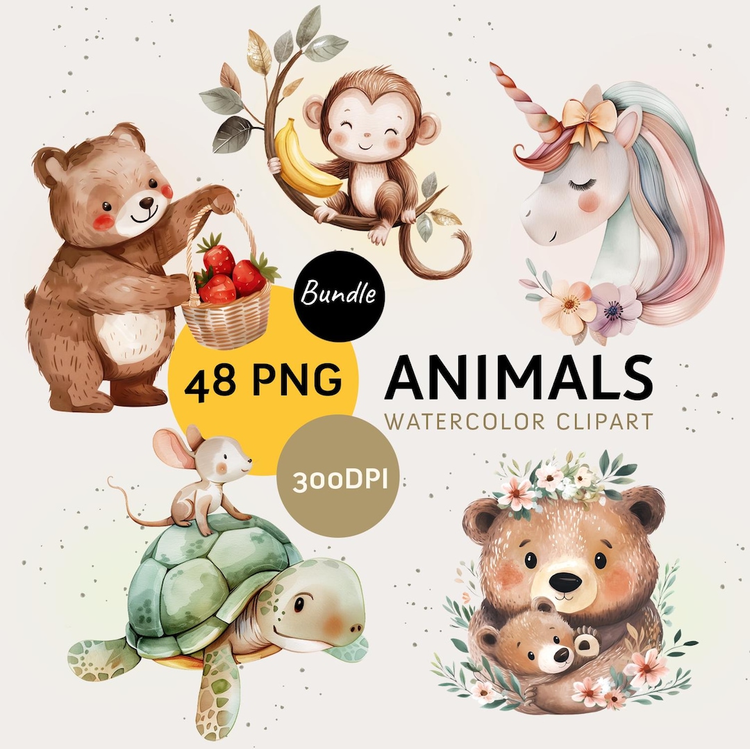 Animal PNG Bundle Clipart, 48 Cute Animal PNG, Watercolor Animals ...