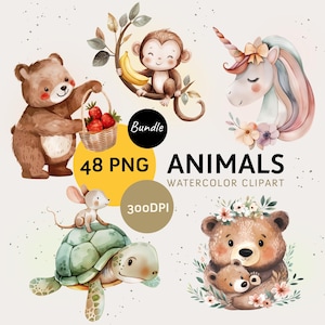 Animal PNG Bundle Clipart, 48 Cute Animal PNG, Watercolor Animals ...