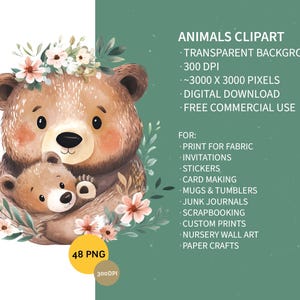 Animal PNG Bundle Clipart, 48 Cute Animal PNG, Watercolor Animals ...