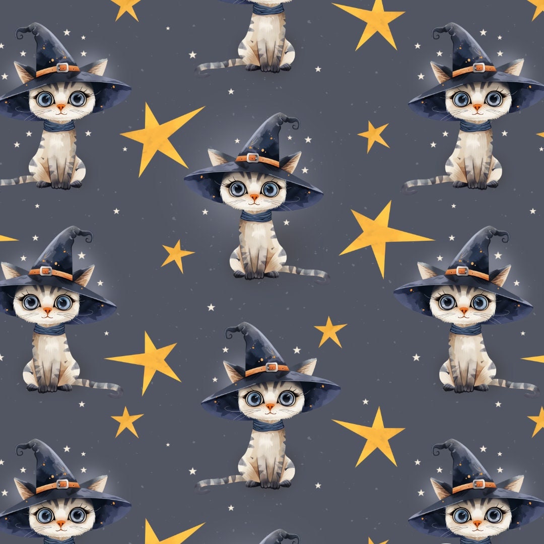 Cute Cat in a Hat, Star, Seamless Fabric Design, Pattern Exclusive ...