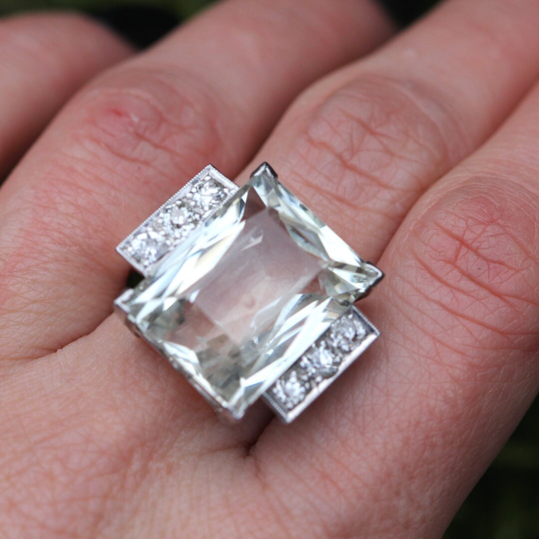 Art Deco Emerald Cut Hiddenite Cocktail Ring With Old European - Etsy