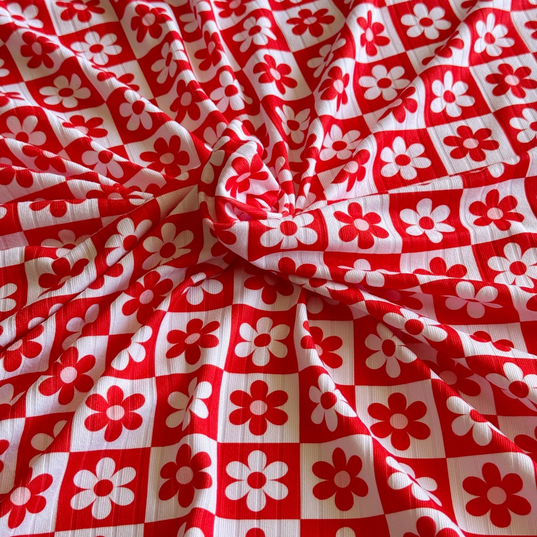Red Checkered Floral Rib Knit Fabric apparel Fabric / Fabric by the ...