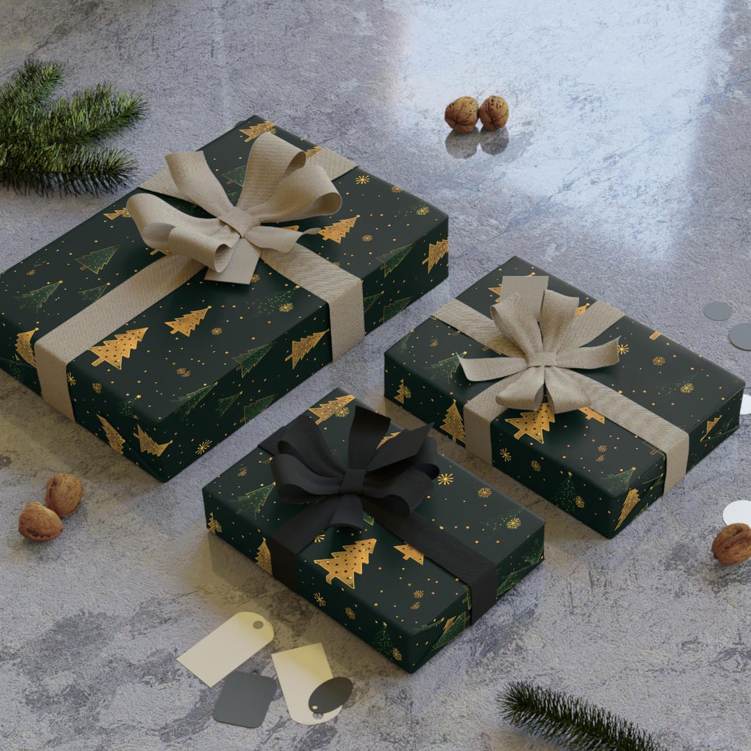 Wrapping Paper Roll, Green and Gold Trees, Luxury Holiday Gift Wrap ...