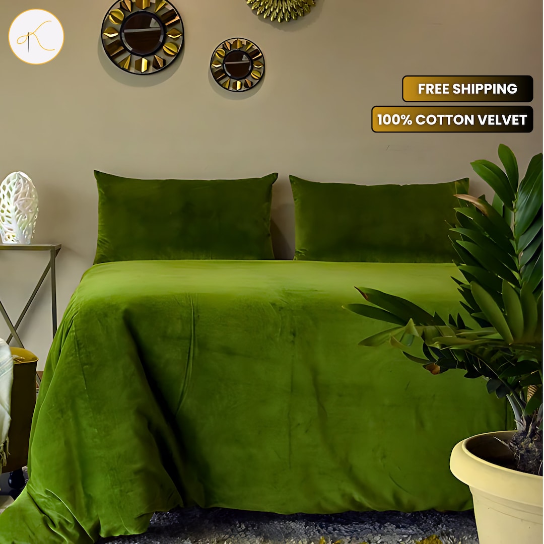 Washed Green Velvet Duvet Cover With Matching Pillow Covers- Green ...