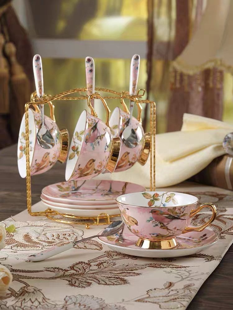 English bone china tea setpink bird tea set 1 tea cup 1 | Etsy
