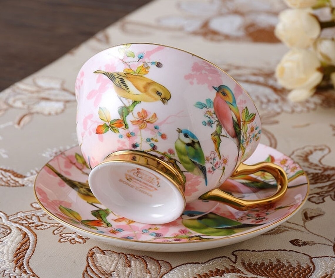 English bone china tea setpink bird tea set 1 tea cup 1 | Etsy