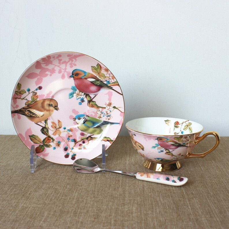 English bone china tea setpink bird tea set 1 tea cup 1 | Etsy