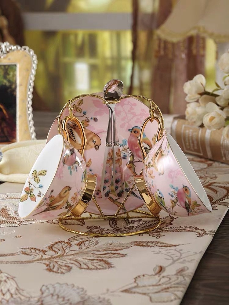 English bone china tea setpink bird tea set 1 tea cup 1 | Etsy