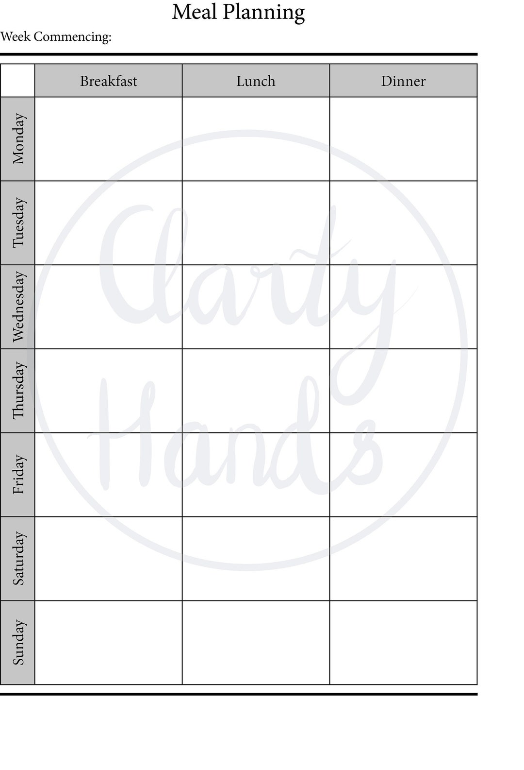 Printable Weekly Meal Planning Sheet | Downloadable Basic Meal Plan ...