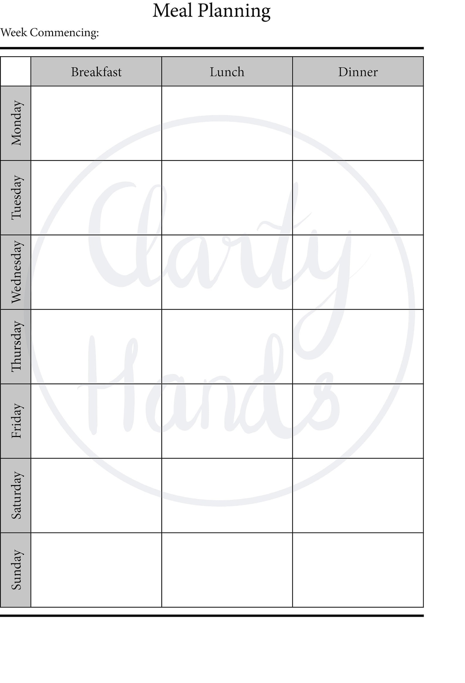 Printable Weekly Meal Planning Sheet | Downloadable Basic Meal Plan ...