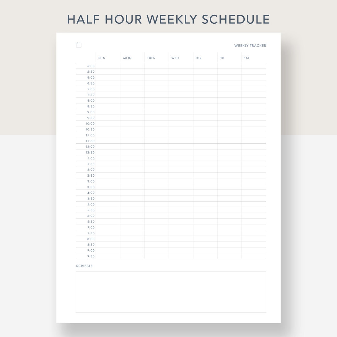Weekly Schedule Planner, Half Hour Increments, Letter/half Letter/a5/a4 ...