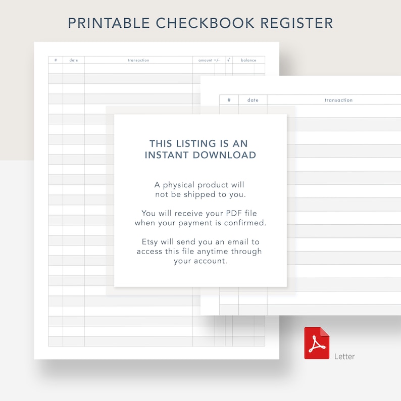 Printable Checkbook Register, PDF File, Prints on 8 1/2 X 11 Inch Paper ...