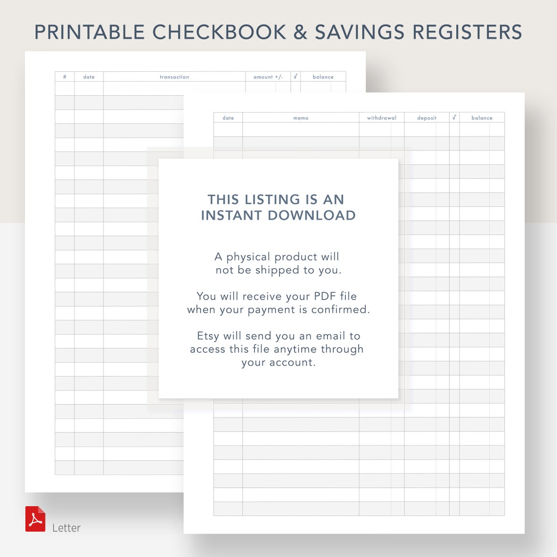 Printable Checkbook & Savings Registers, PDF File, Prints on 8 1/2 X 11 ...
