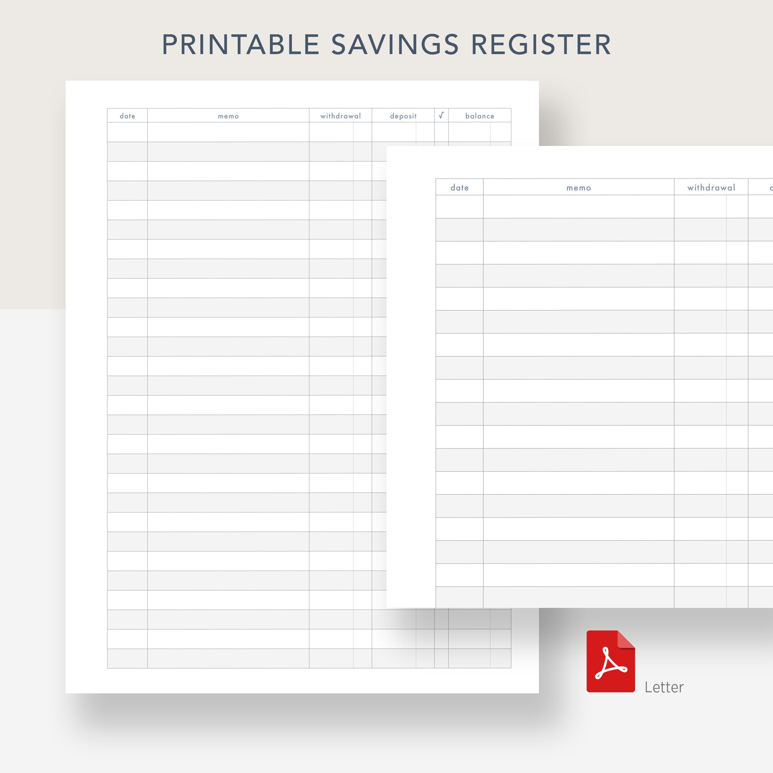 Printable Savings Register, PDF File, Prints on 8 1/2 X 11 Inch Paper ...