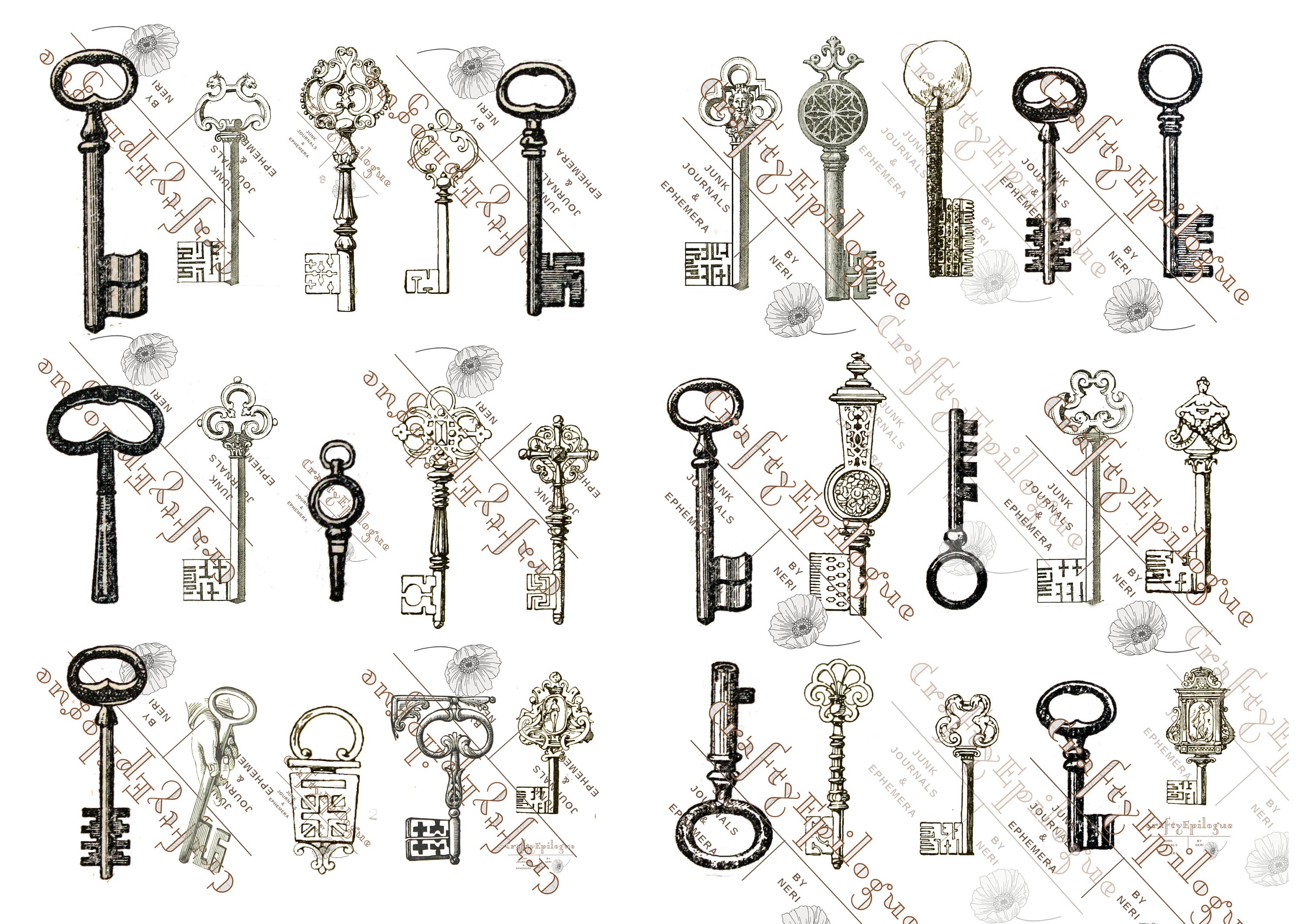 Vintage Keys, Illustration, Printable Keys, Image, Junk Journal ...